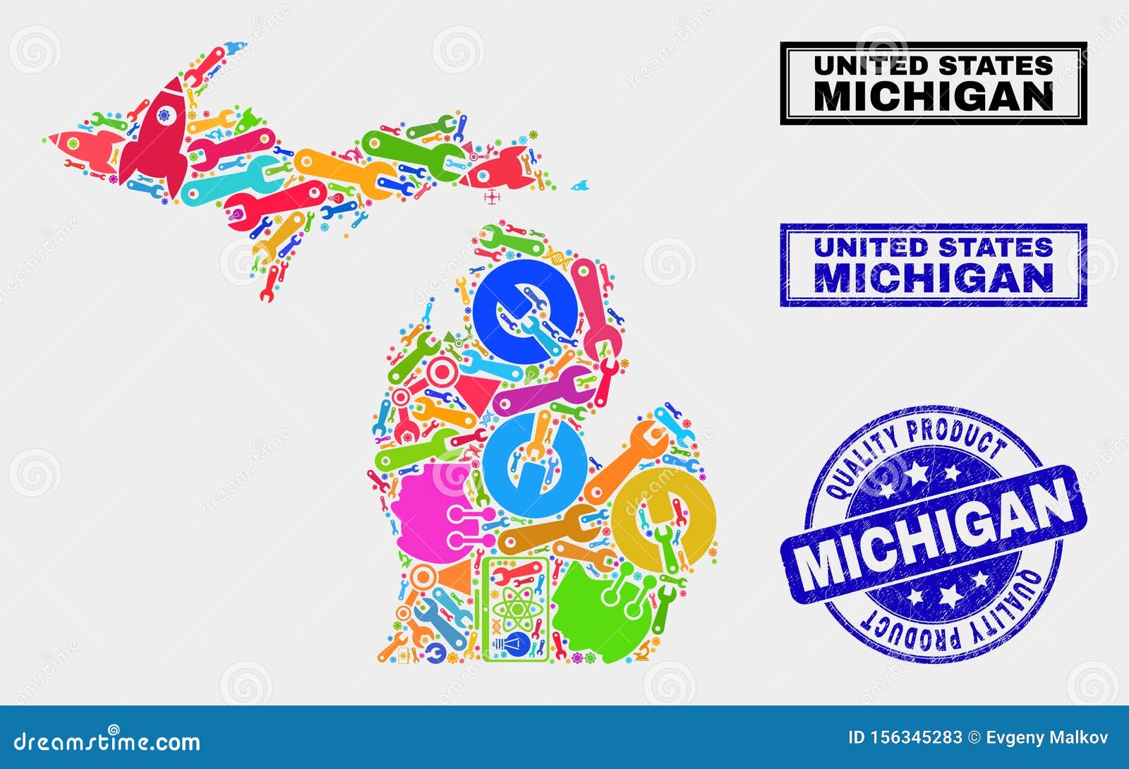 Collage of Technology Michigan State Map and Quality Product Seal Stock ...