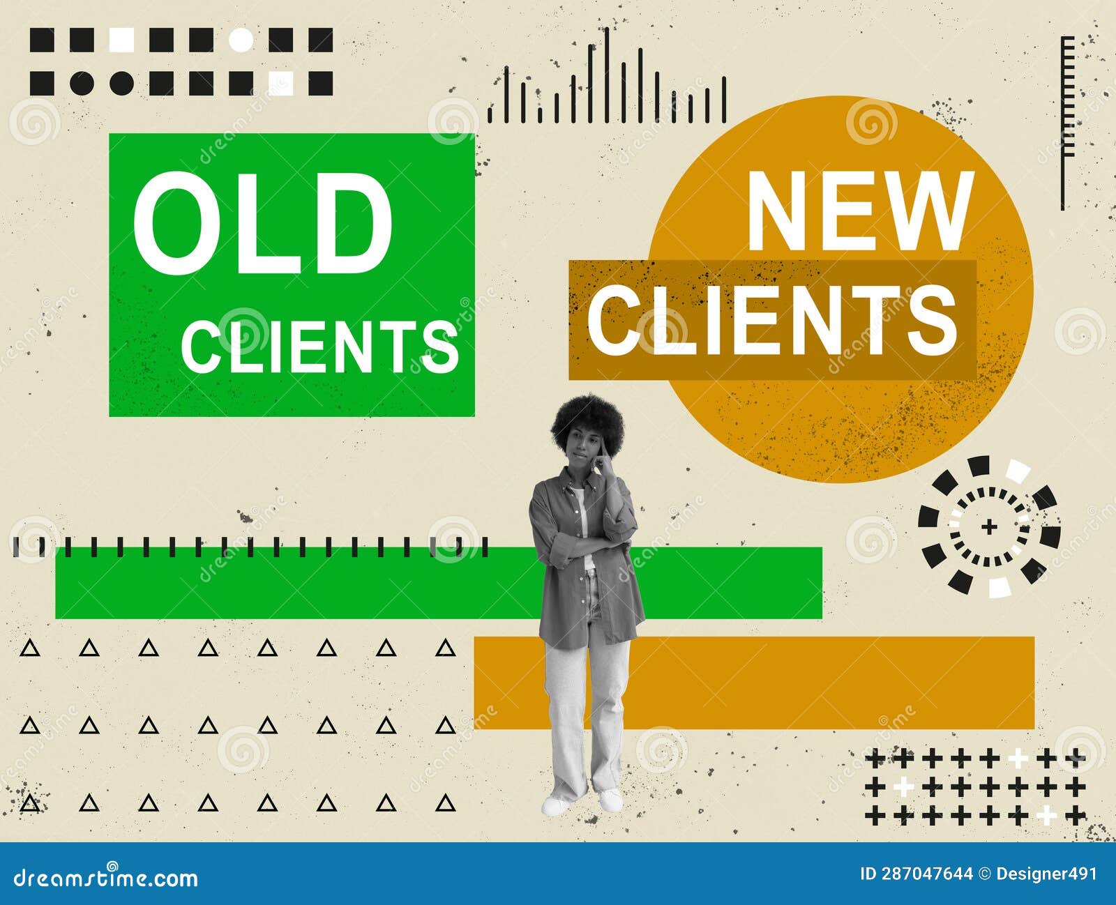 A Collage with Thinking Woman and Inscriptions Old and New Clients ...