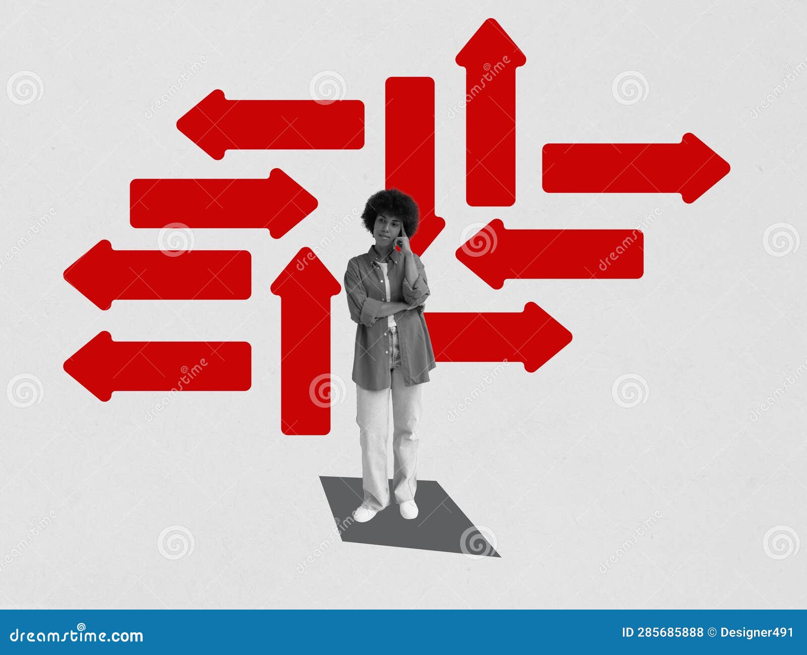 A Collage with Thoughtful Girl and Arrows in Different Directions ...