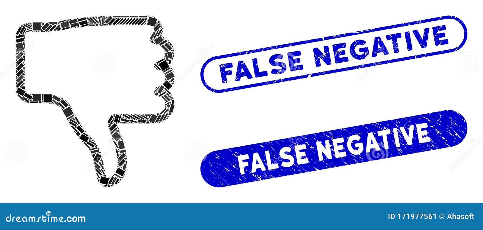 Collage Thumb Down Icon with Coronavirus Textured False Negative Seal ...