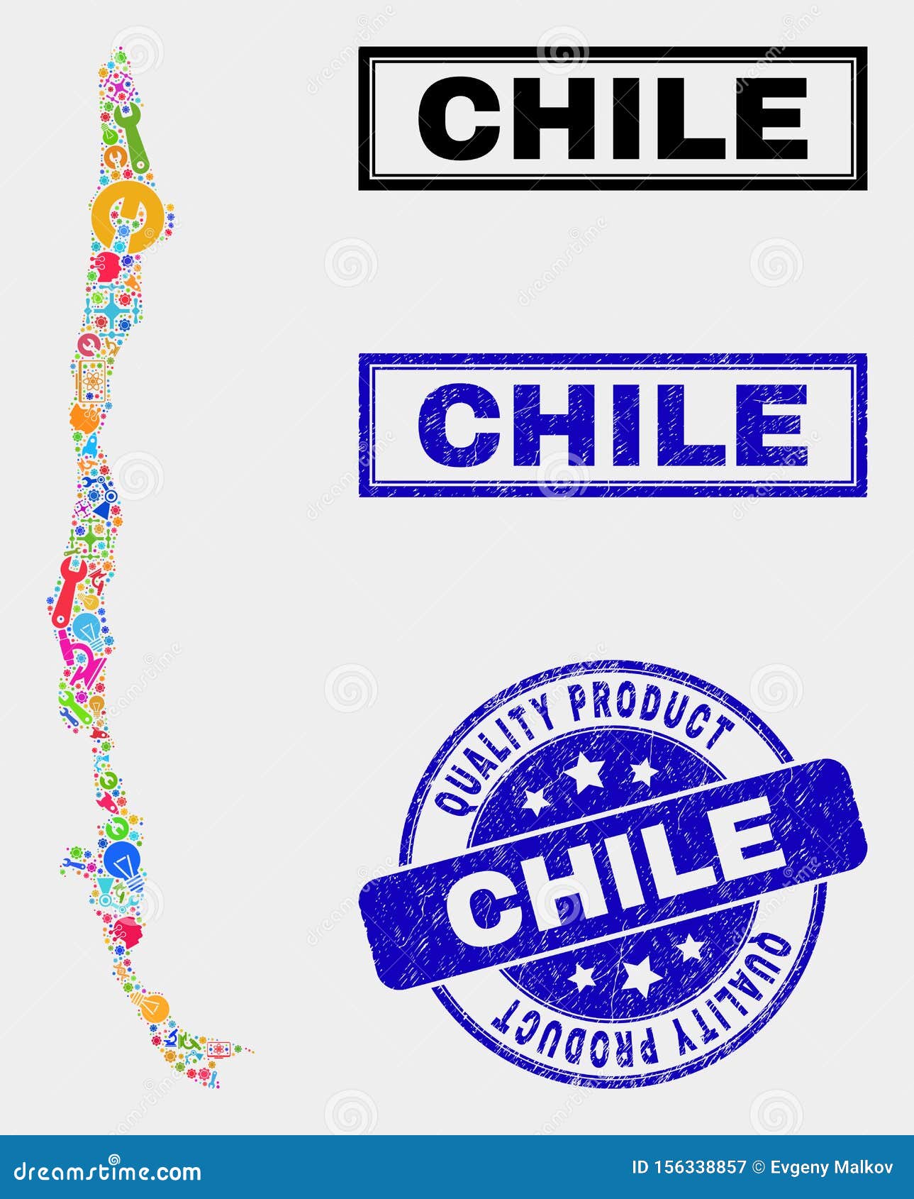 Collage of Tools Chile Map and Quality Product Watermark Vektor ...