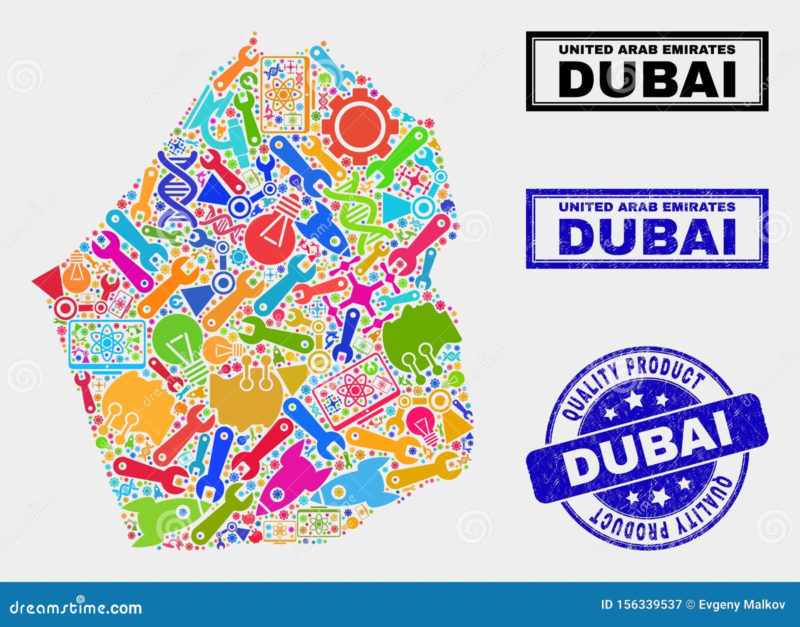 Collage of Tools Dubai Emirate Map and Quality Product Seal Stock ...