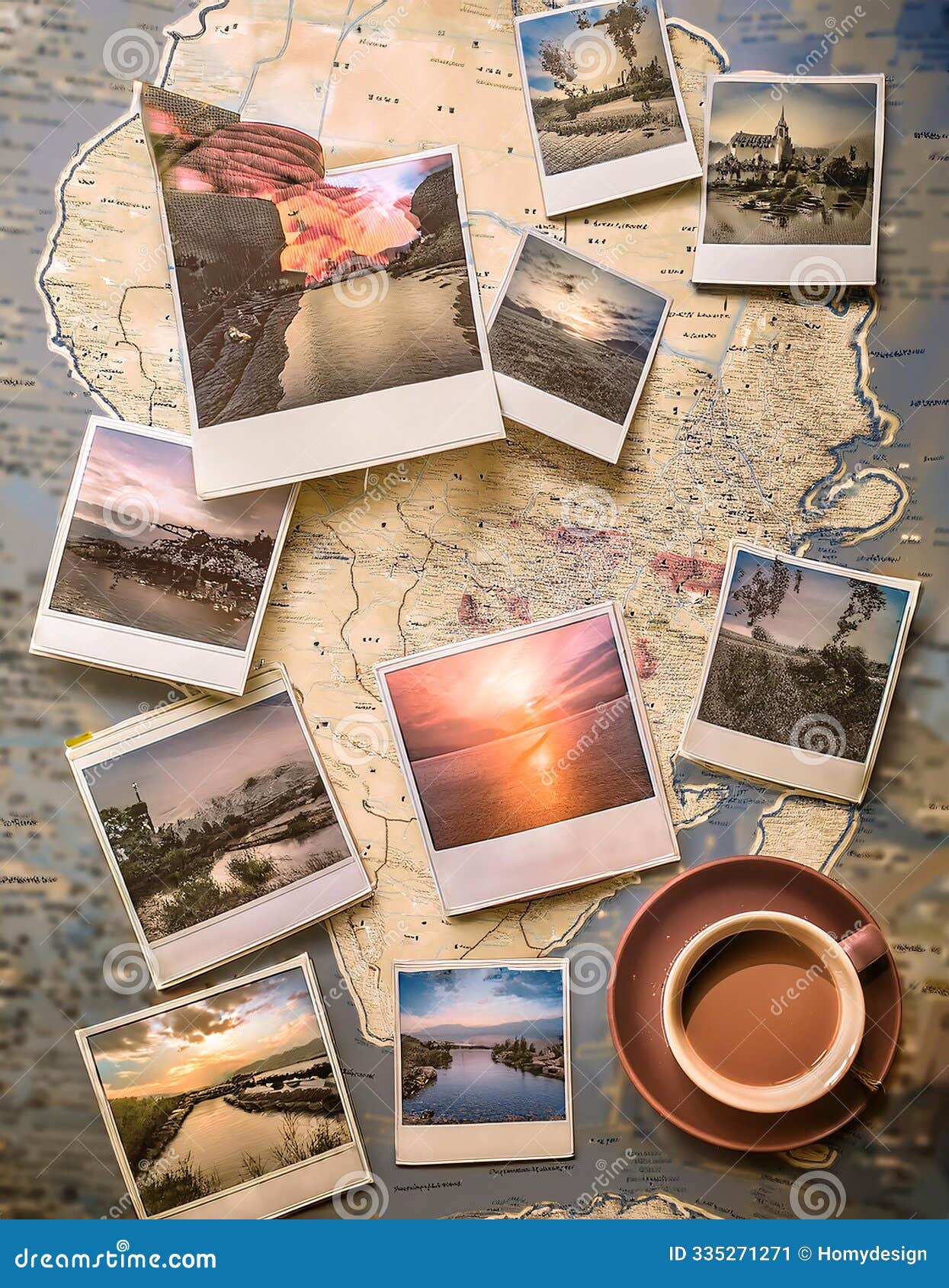 A Collage of Travel Photos on a Map with a Coffee Cup Stock ...