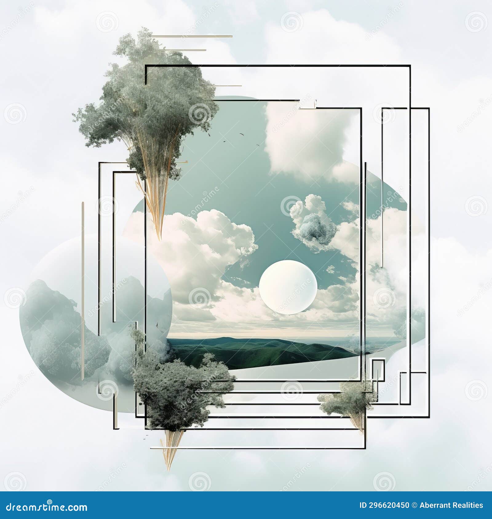 A Collage of Trees and Clouds with a Moon in the Sky Stock Illustration ...
