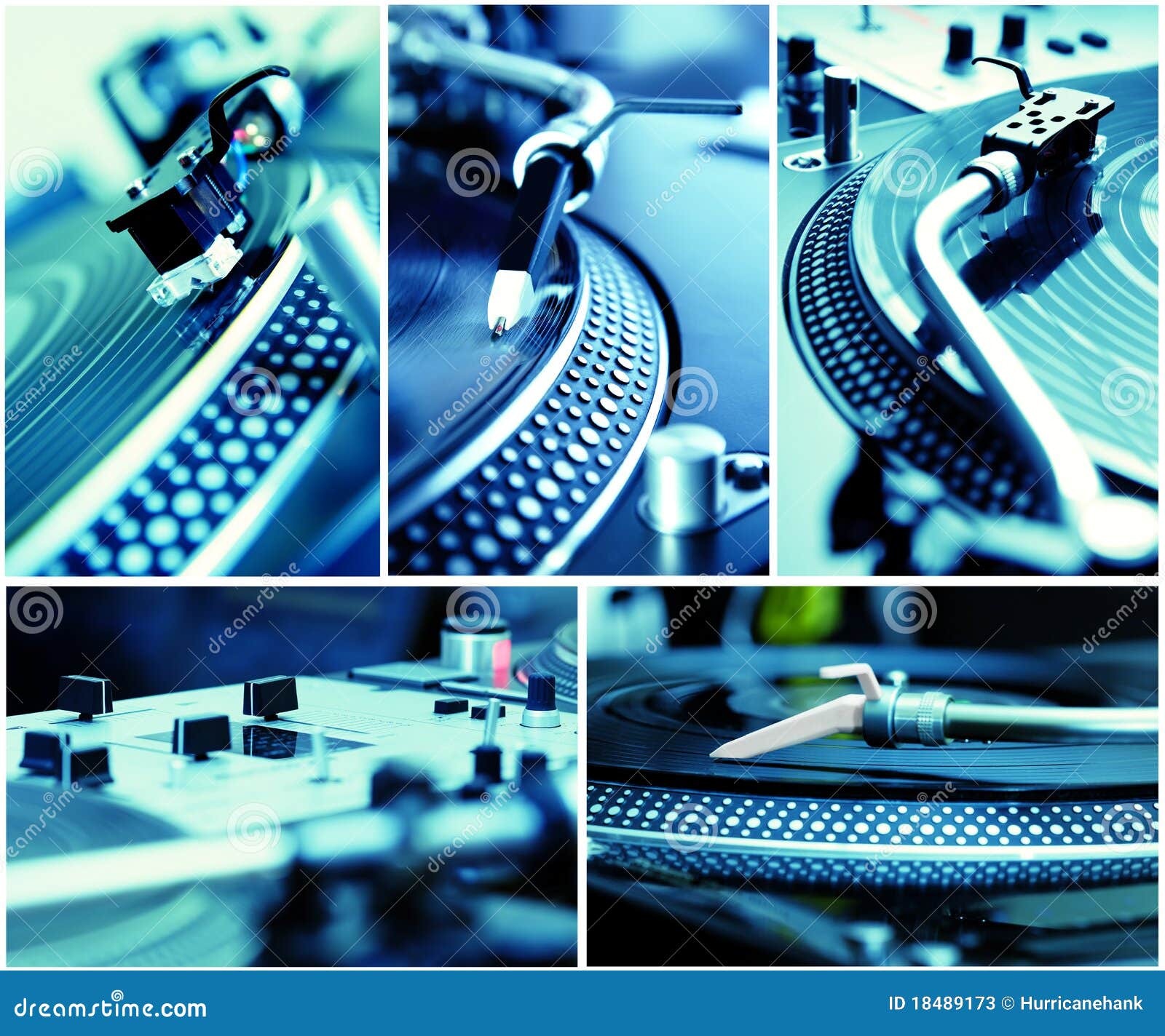 Collage Of Turntables With Vinyl Records On Different Color Backgrounds ...