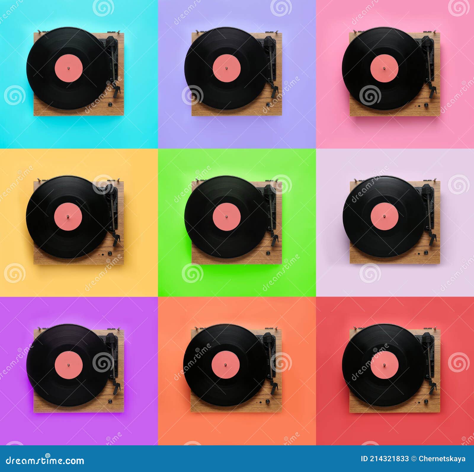 Collage of Turntables with Vinyl Records on Different Color Backgrounds ...