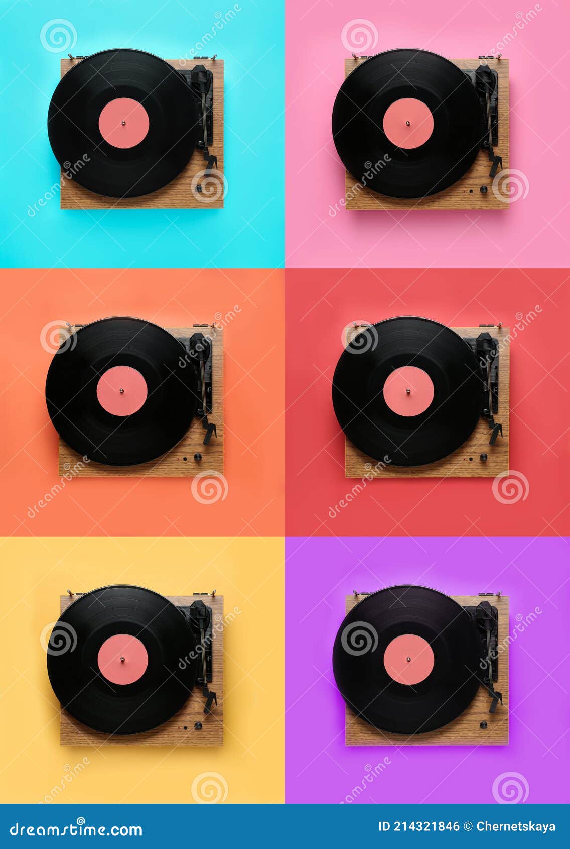 Collage Of Turntables With Vinyl Records On Different Color Backgrounds ...