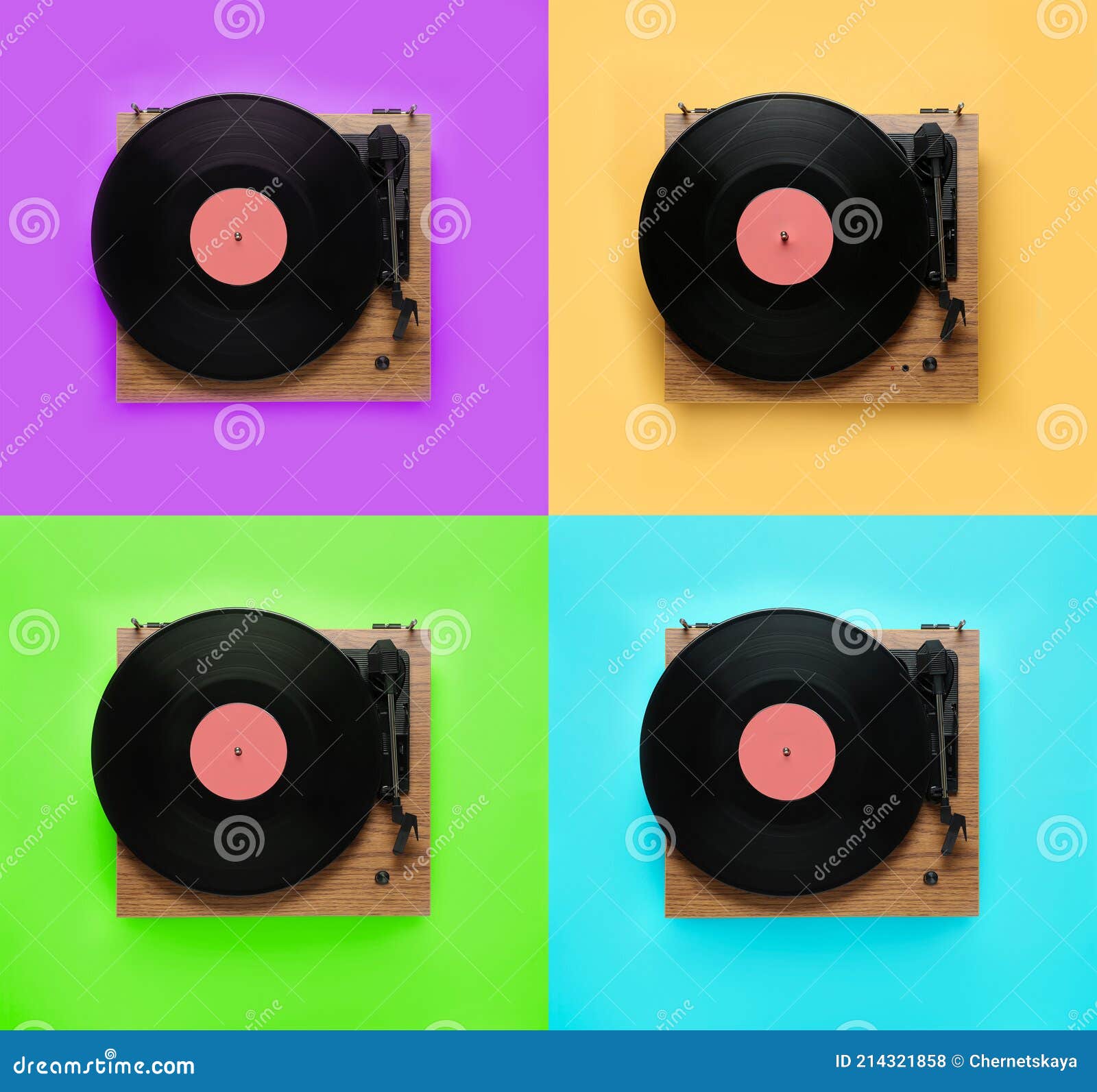Collage Of Turntables With Vinyl Records On Different Color Backgrounds ...