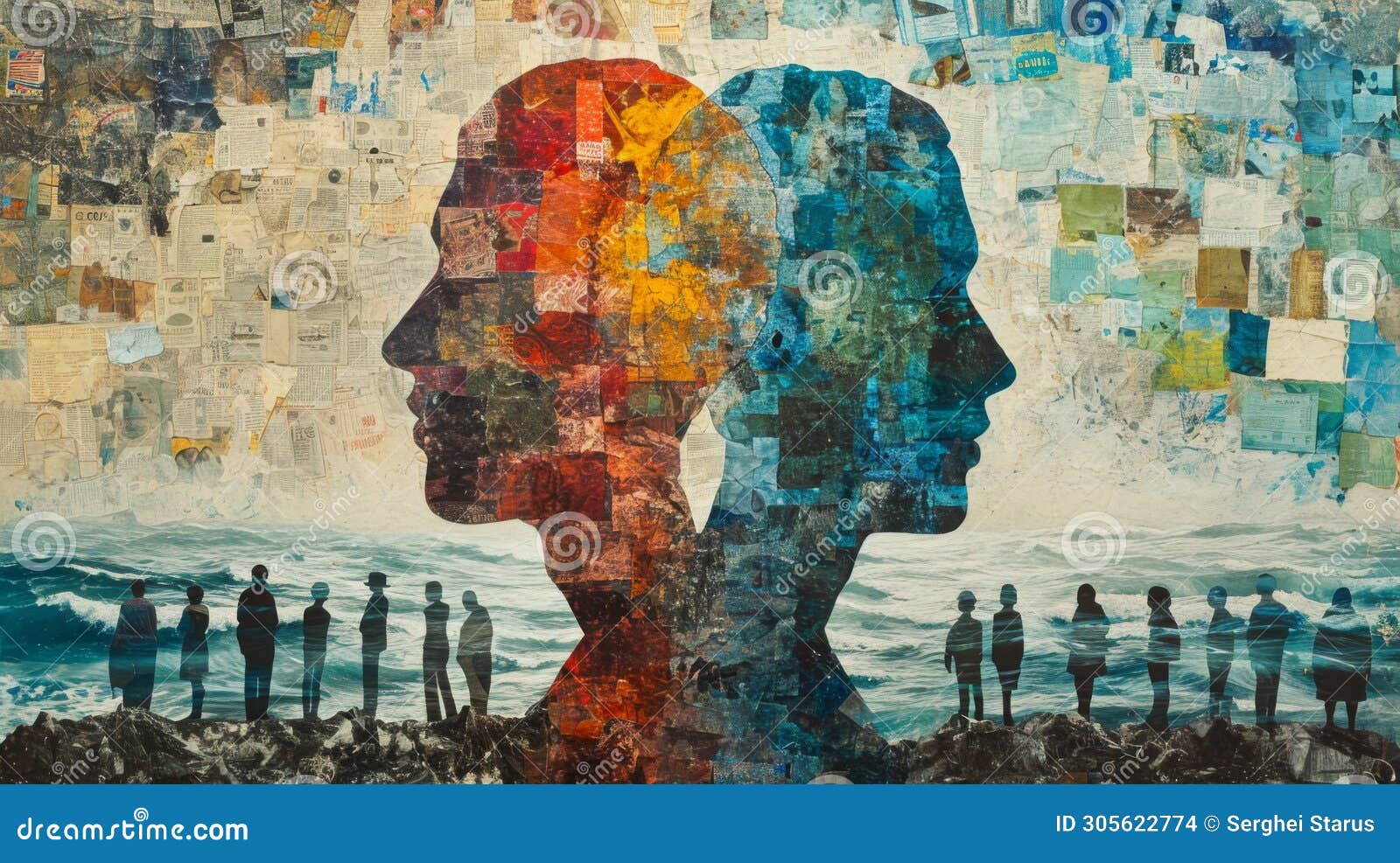 A Collage of Two Faces with People Standing in Front of Them, AI Stock ...