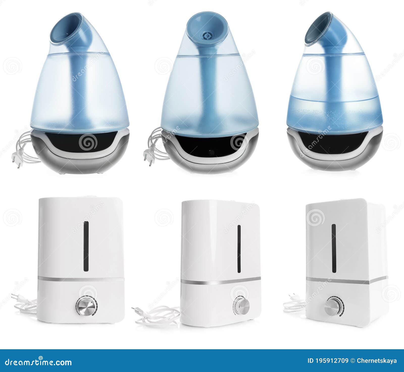 Collage with Two Modern Air Humidifiers on White Background, View from ...