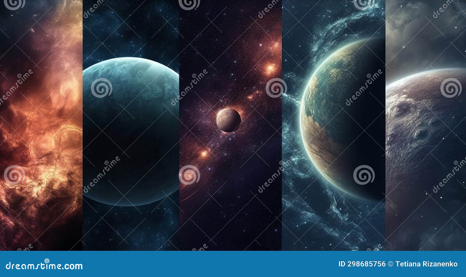 Collage of Universe Scenes with Planets, Stars and Galaxies in Outer ...