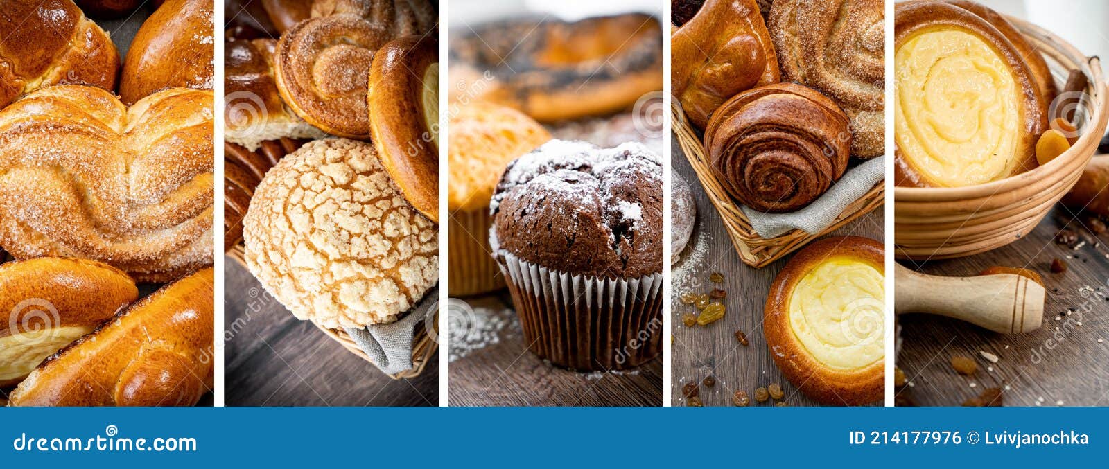 Collage of Various Fresh Bread. Assortment Set of Baked Bread. Pastries ...