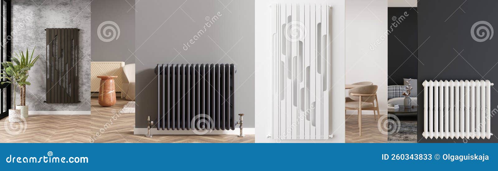 Collage with Various Modern Heating Radiators in Home Interior ...