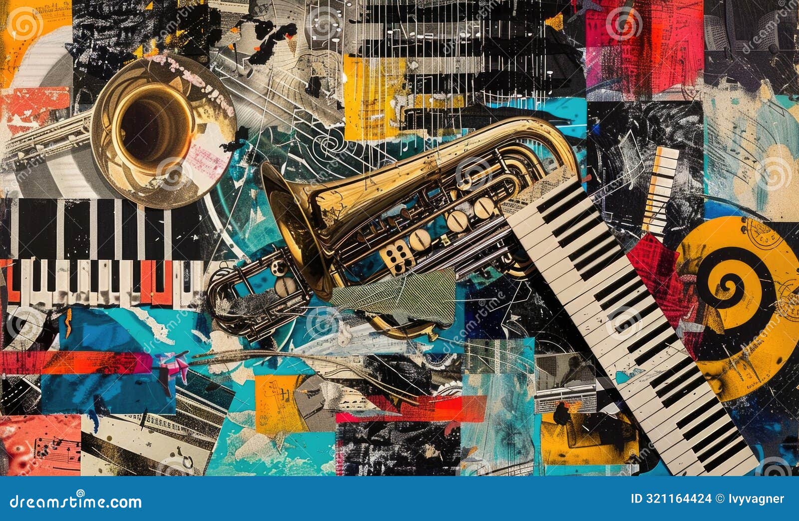 A Collage of Various Musical Instruments, Including a Trombone, a ...
