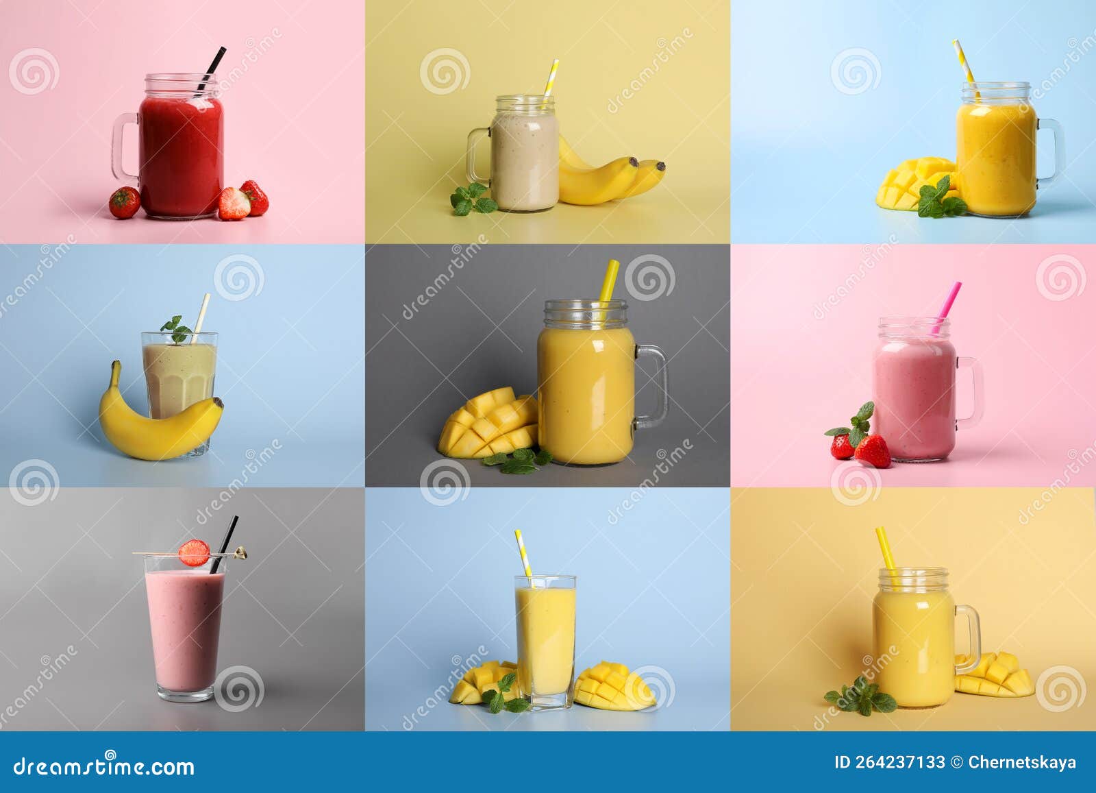 Collage with Various Smoothies on Different Color Backgrounds Stock ...