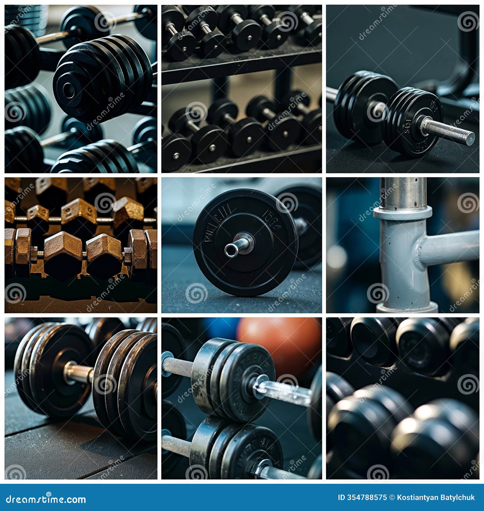 A Collage of Different Types of Dumbbells in a Gym Stock Image - Image ...