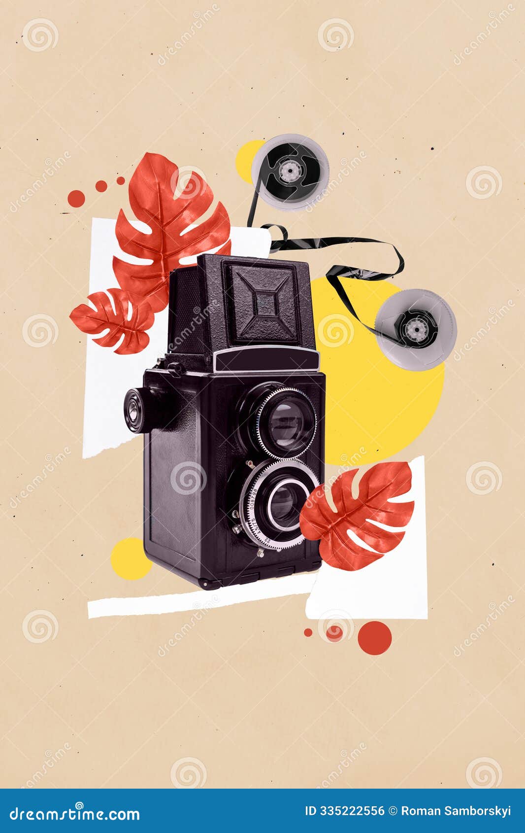 Collage Vertical Artwork of Old Retro Vintage Camera Isolated on ...