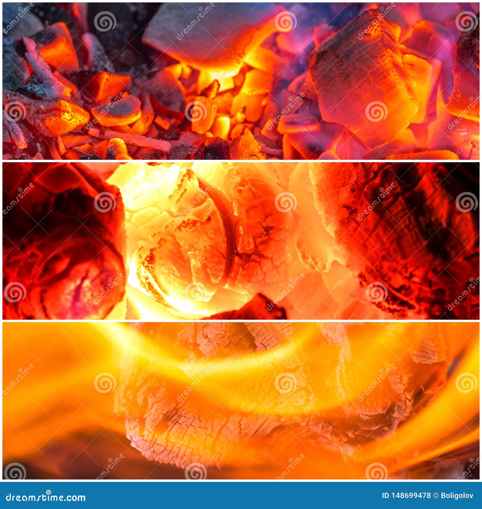 Collage Views of Open Flame and Glowing Charcoal Stock Photo - Image of ...