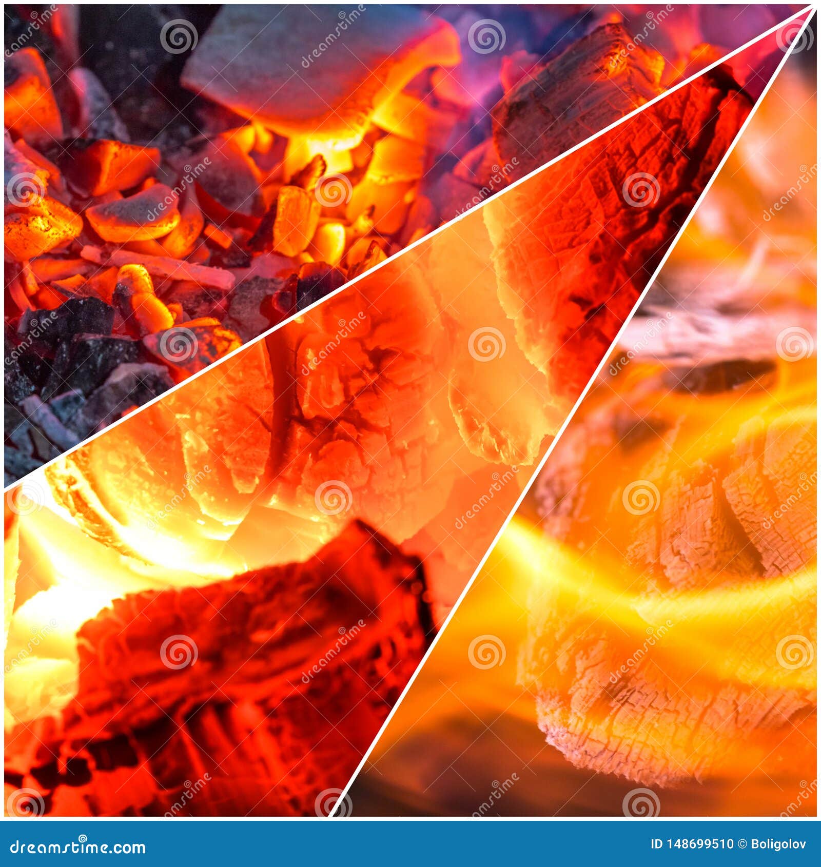 Collage Views of Open Flame and Glowing Charcoal Stock Photo - Image of ...