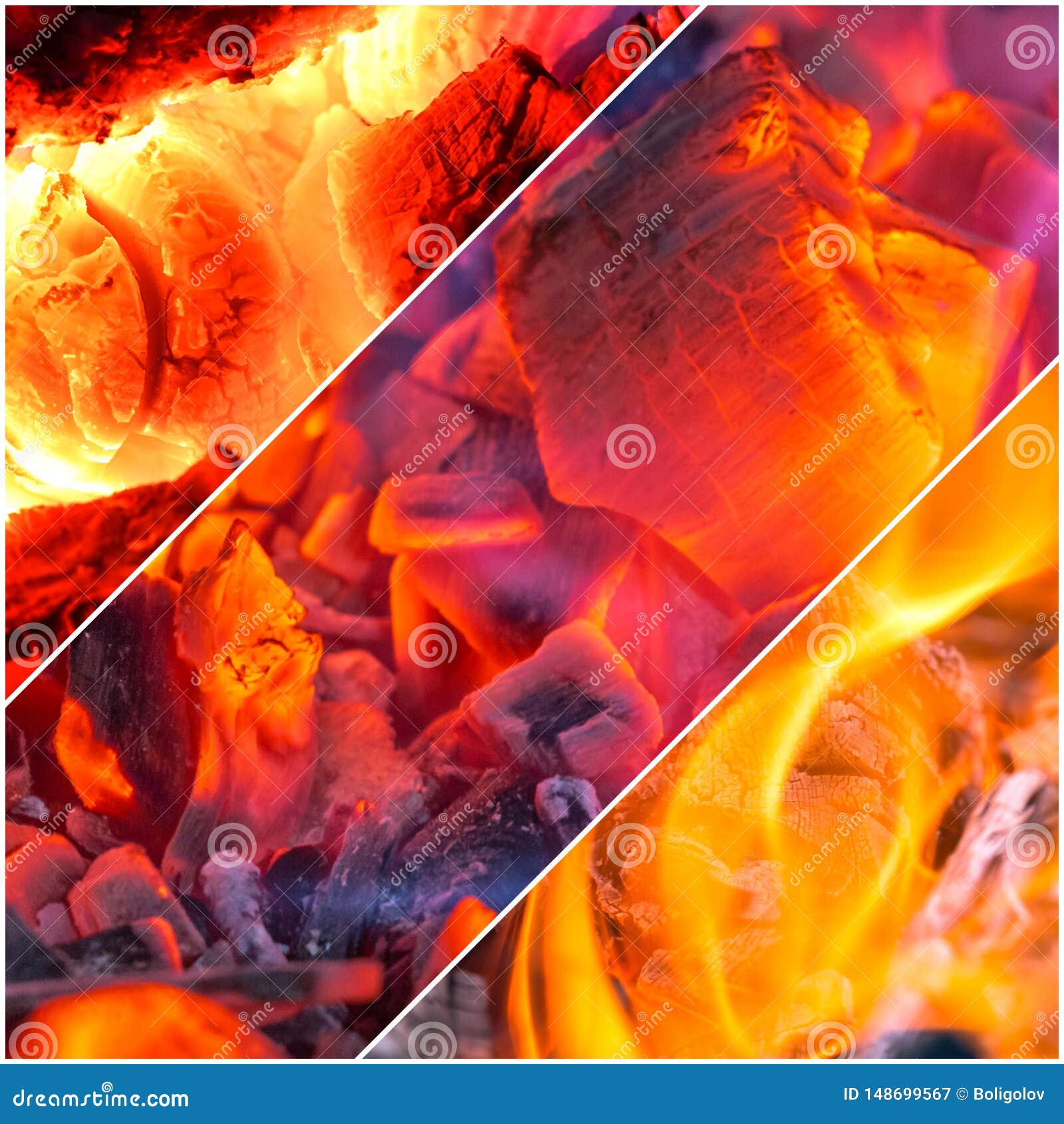 Collage Views of Open Flame and Glowing Charcoal Stock Image - Image of ...