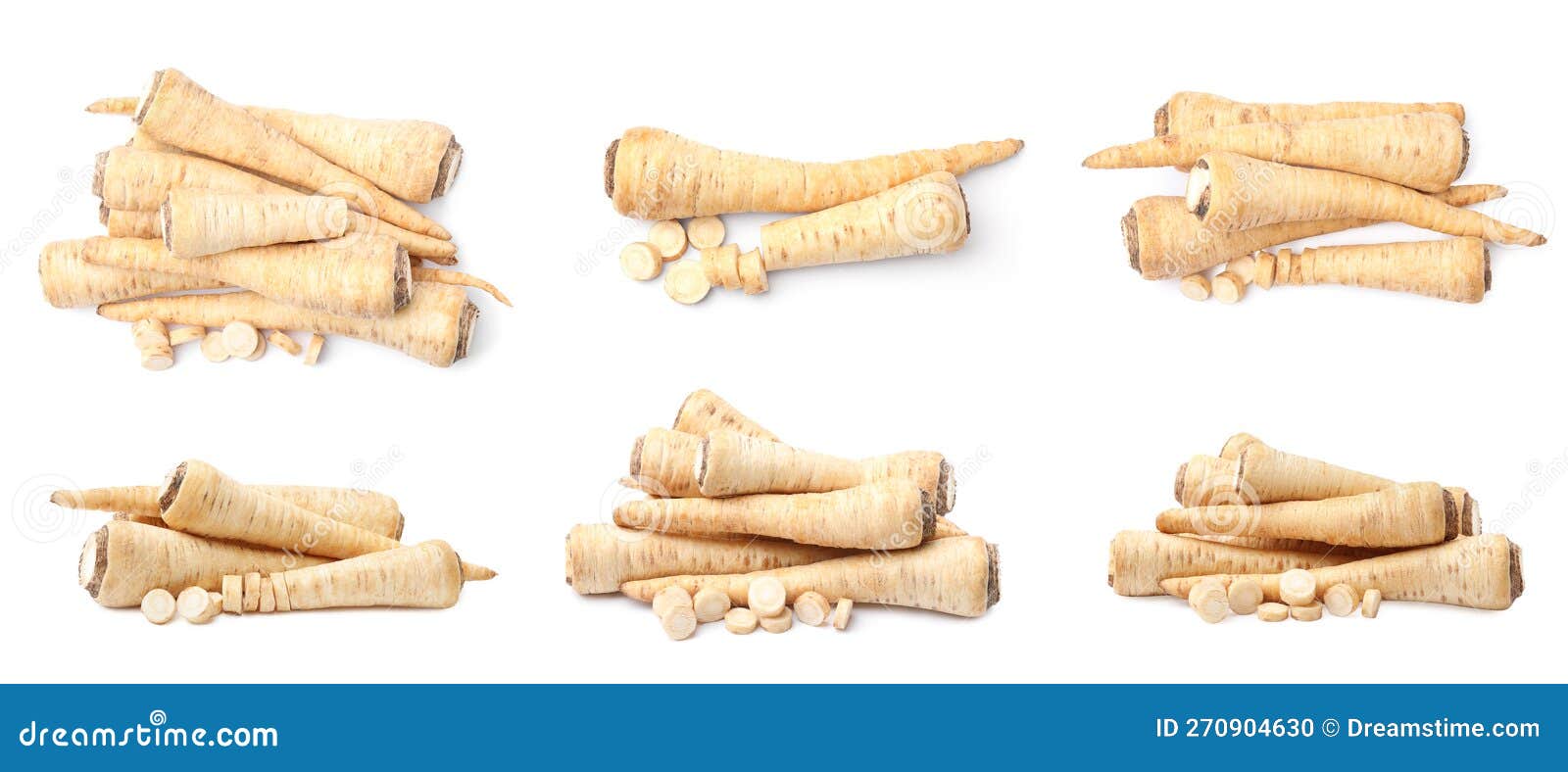 Collage with Whole and Cut Parsley Roots on White Background Stock ...