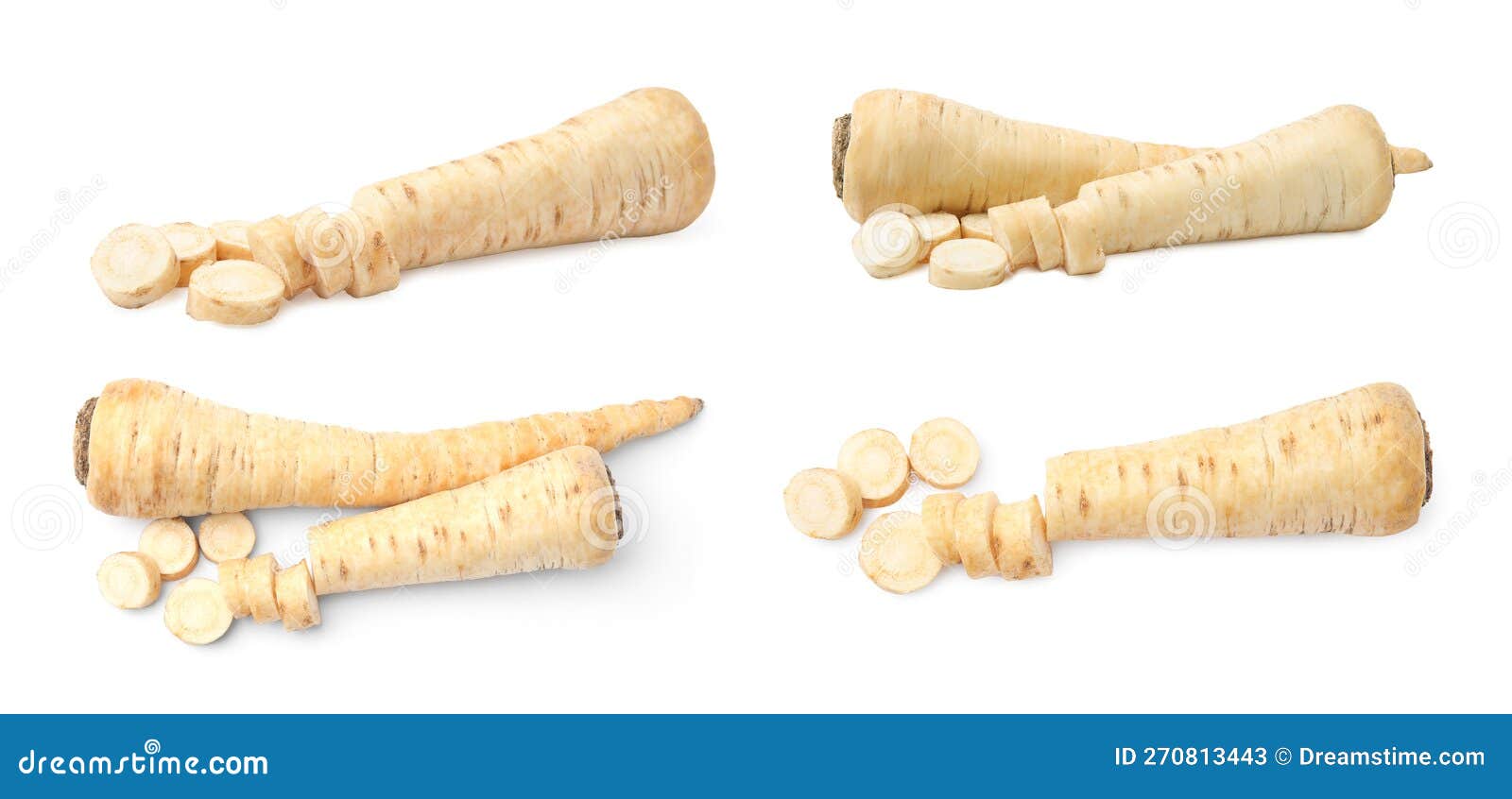 Collage with Whole and Cut Parsley Roots on White Background, Top and ...