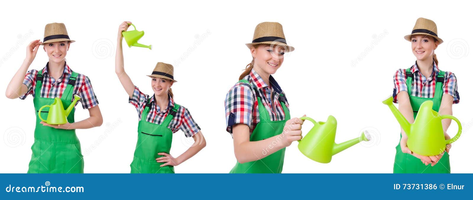 The Collage of Woman Watering Plants Isolated on White Stock Photo ...