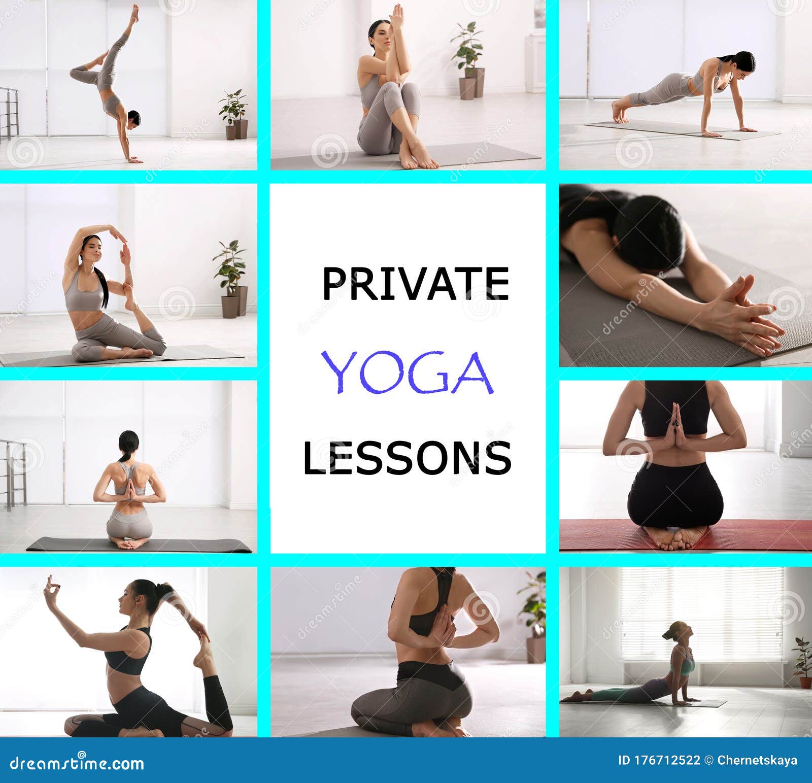 Collage of Women Practicing Poses and Text Private Yoga Classes Stock ...
