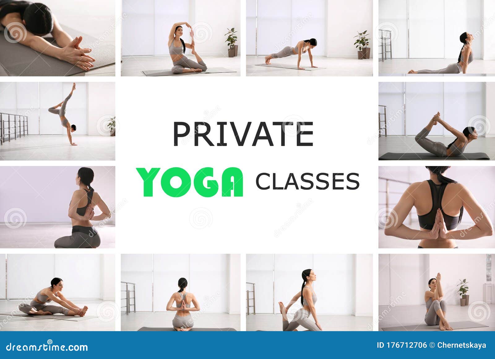 Collage of Women Practicing Poses and Text Private Yoga Classes Stock ...