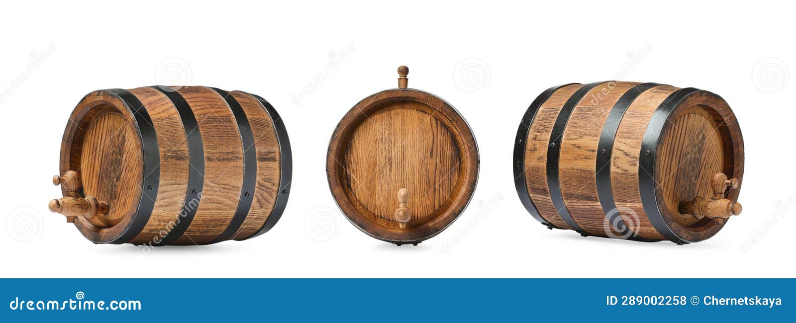 Collage of Wooden Barrel with Tap on White Background, Different Sides ...