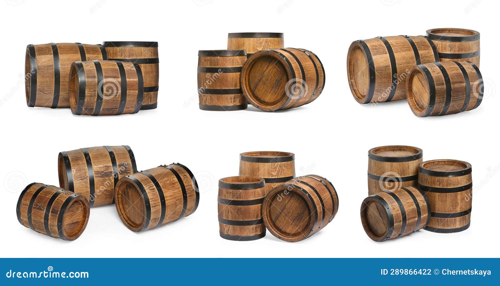 Collage with Wooden Barrels on White Background Stock Photo - Image of ...