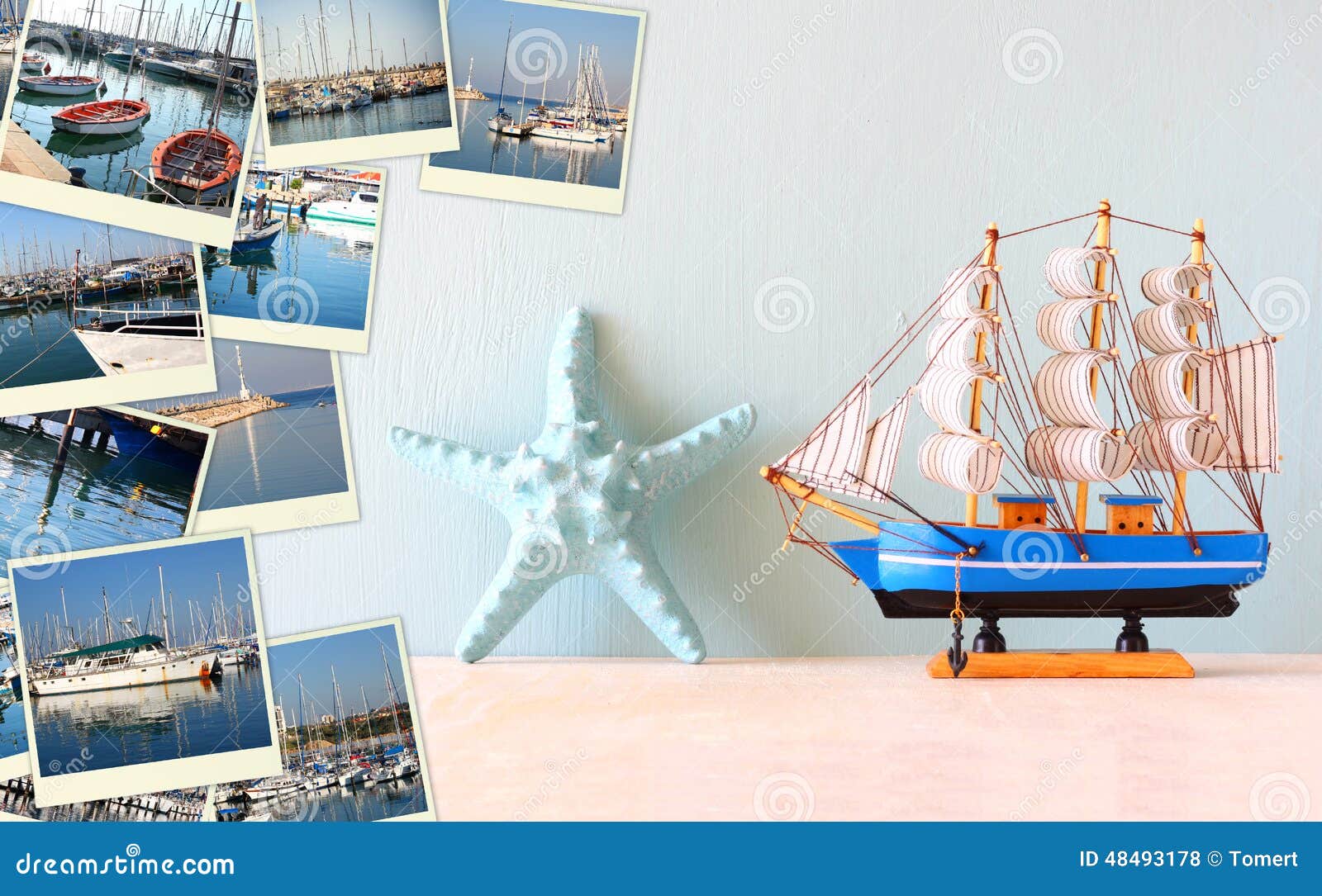Collage with Yachts, Boats, Lighthouse and a Coast. Nautical Concept ...