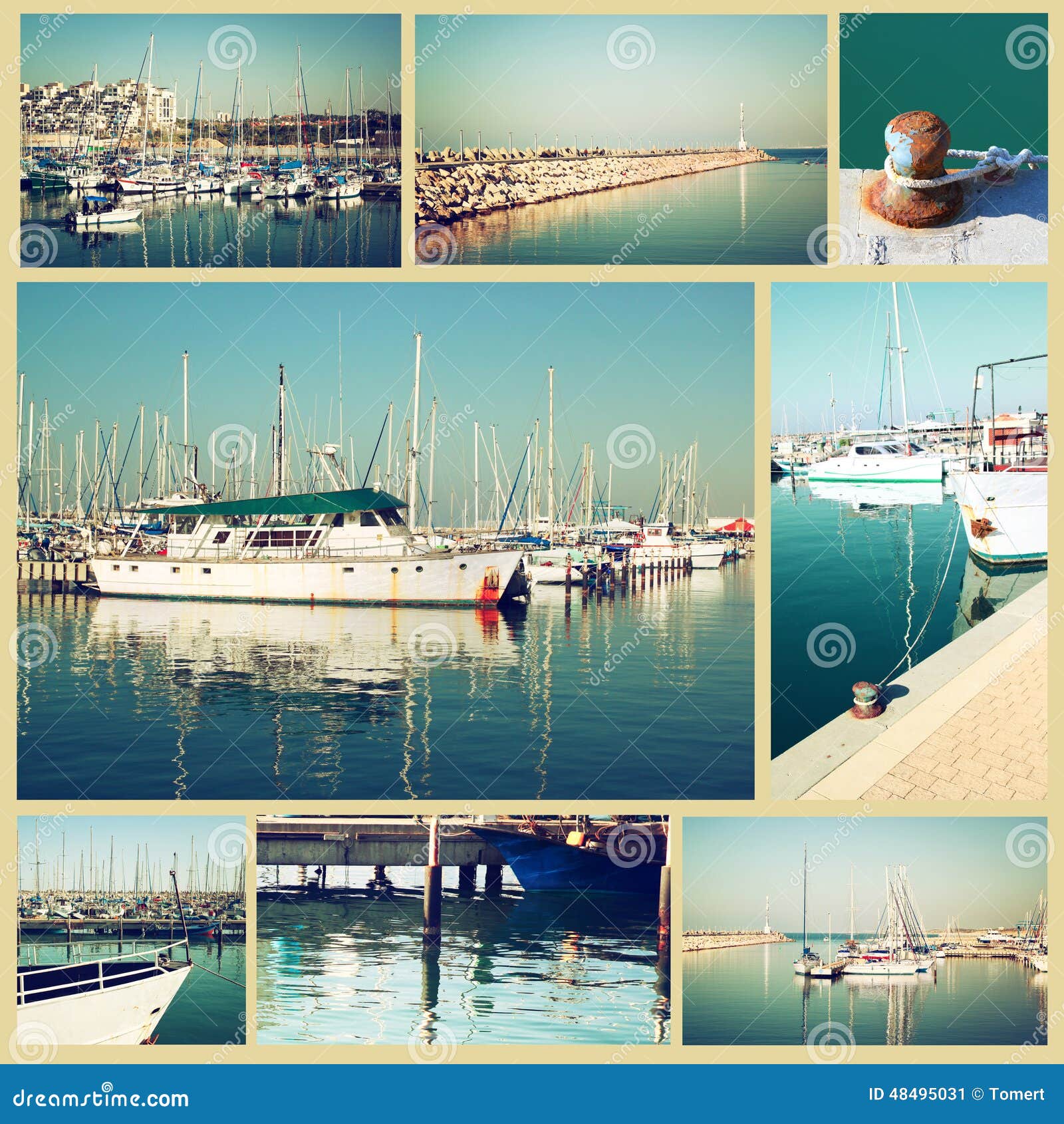 Collage with Yachts, Boats, Lighthouse and a Coast. Nautical Concept ...