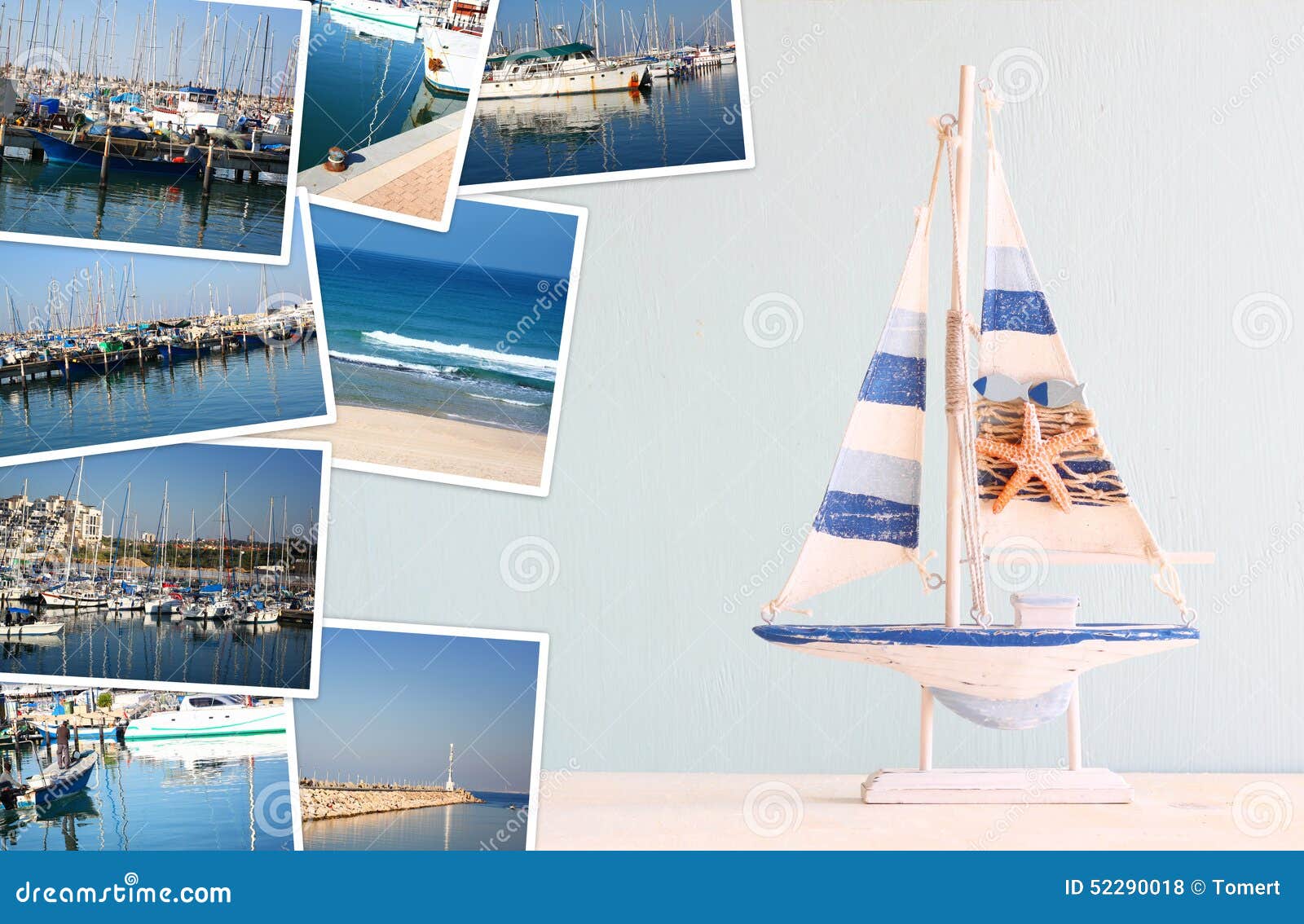 Collage with Yachts, Boats, Lighthouse and a Coast. Nautical Concept ...