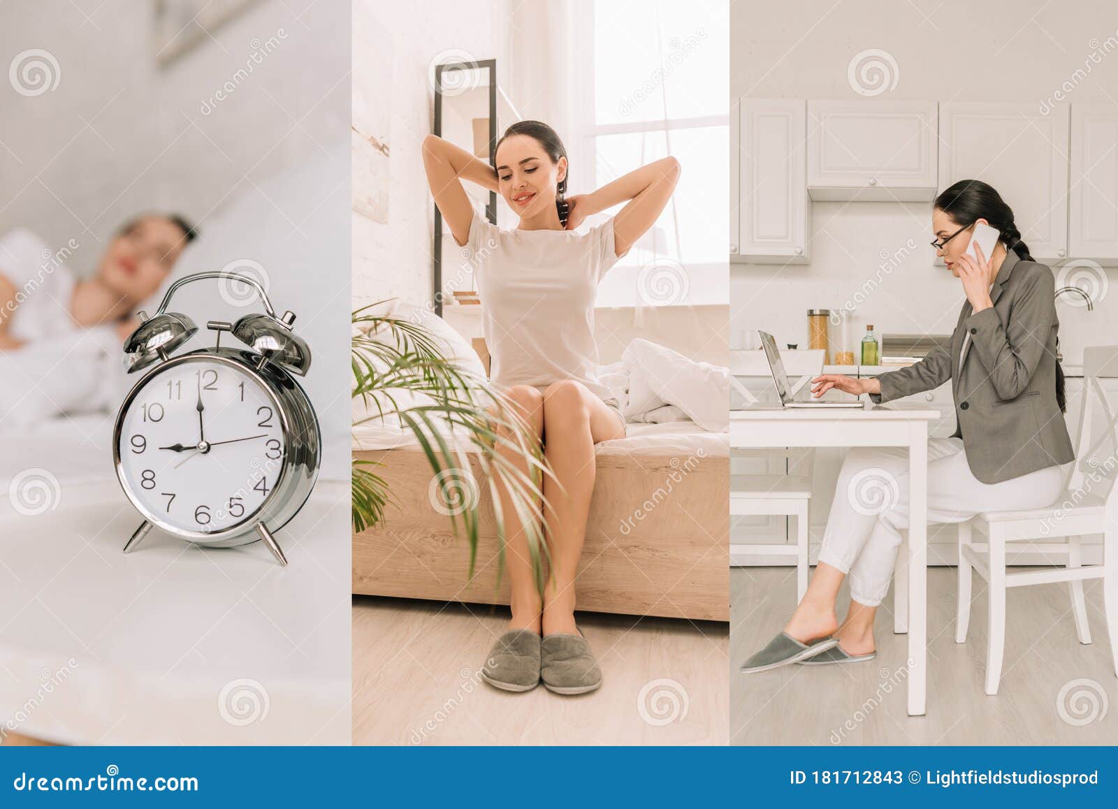 Collage of Young Freelancer Sleeping, Awakening, and Working at Home ...