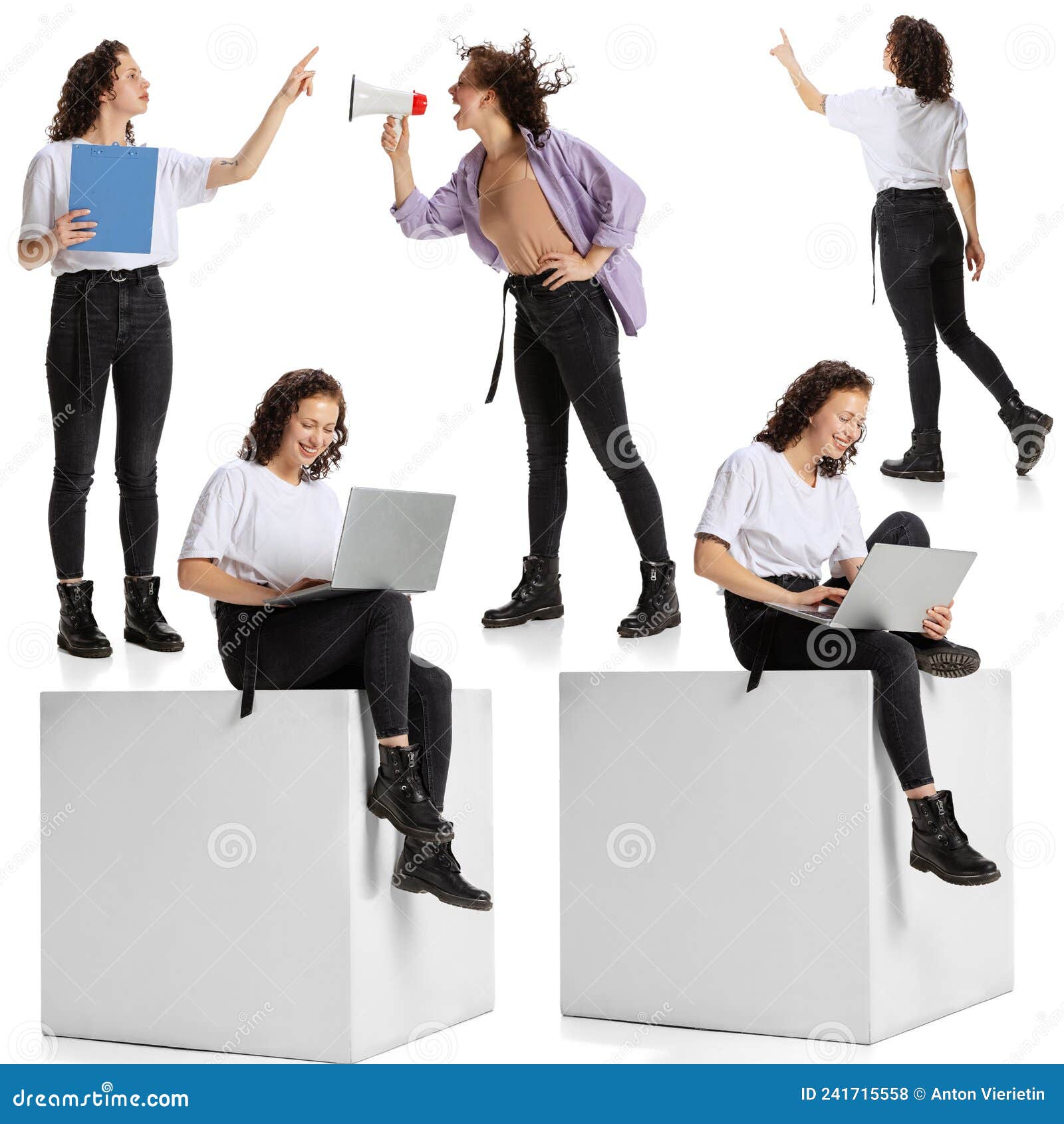 Collage. Young Girl, Office Worker Making Project Presentation Isolated ...