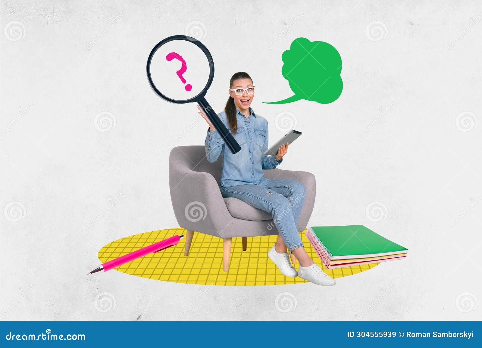 Collage Young Interested Excited Girl Huge Magnifying Loop Education ...