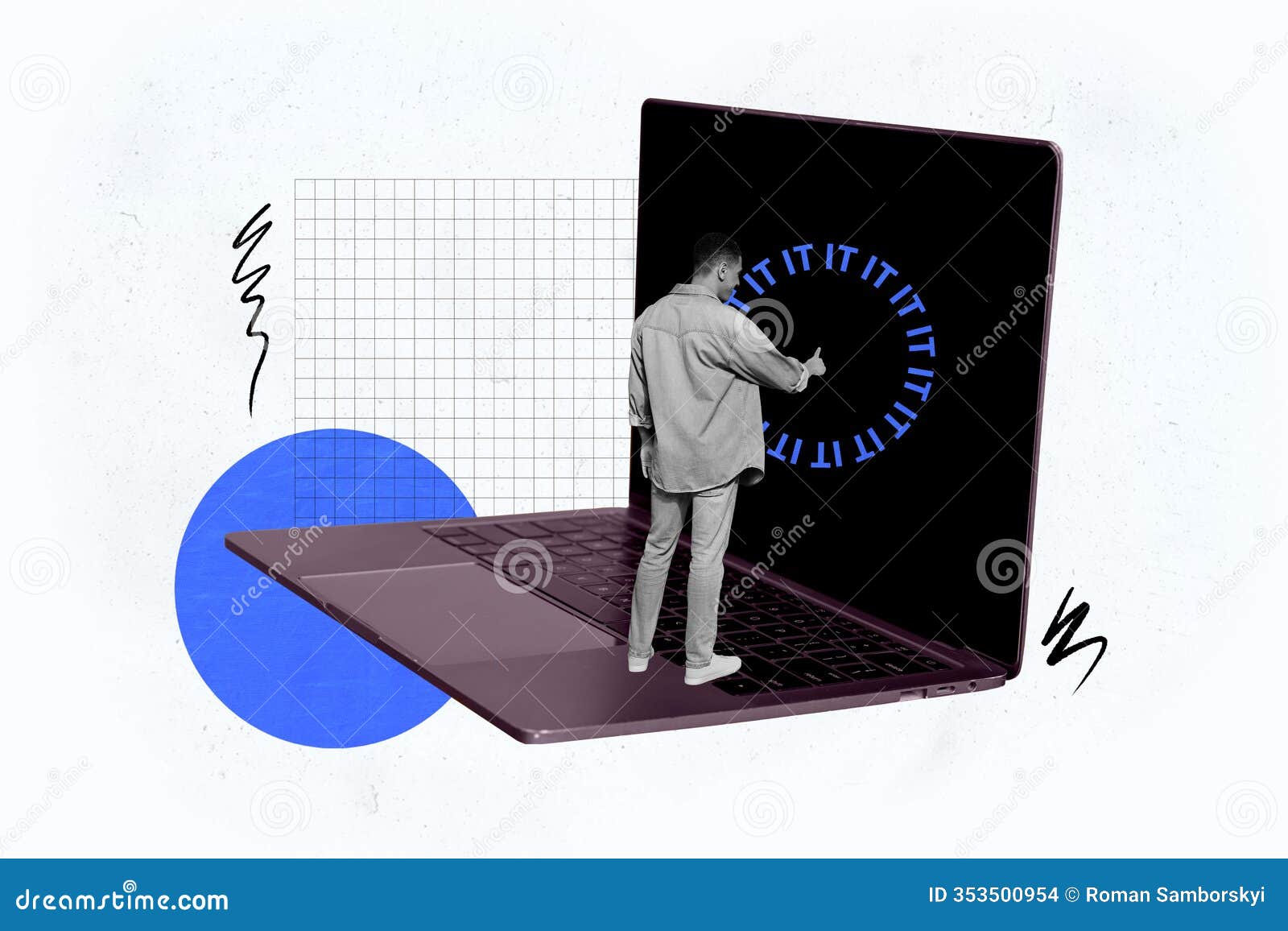 Collage Young Man Standing Laptop Keyboard Touch Screen Display Remote ...