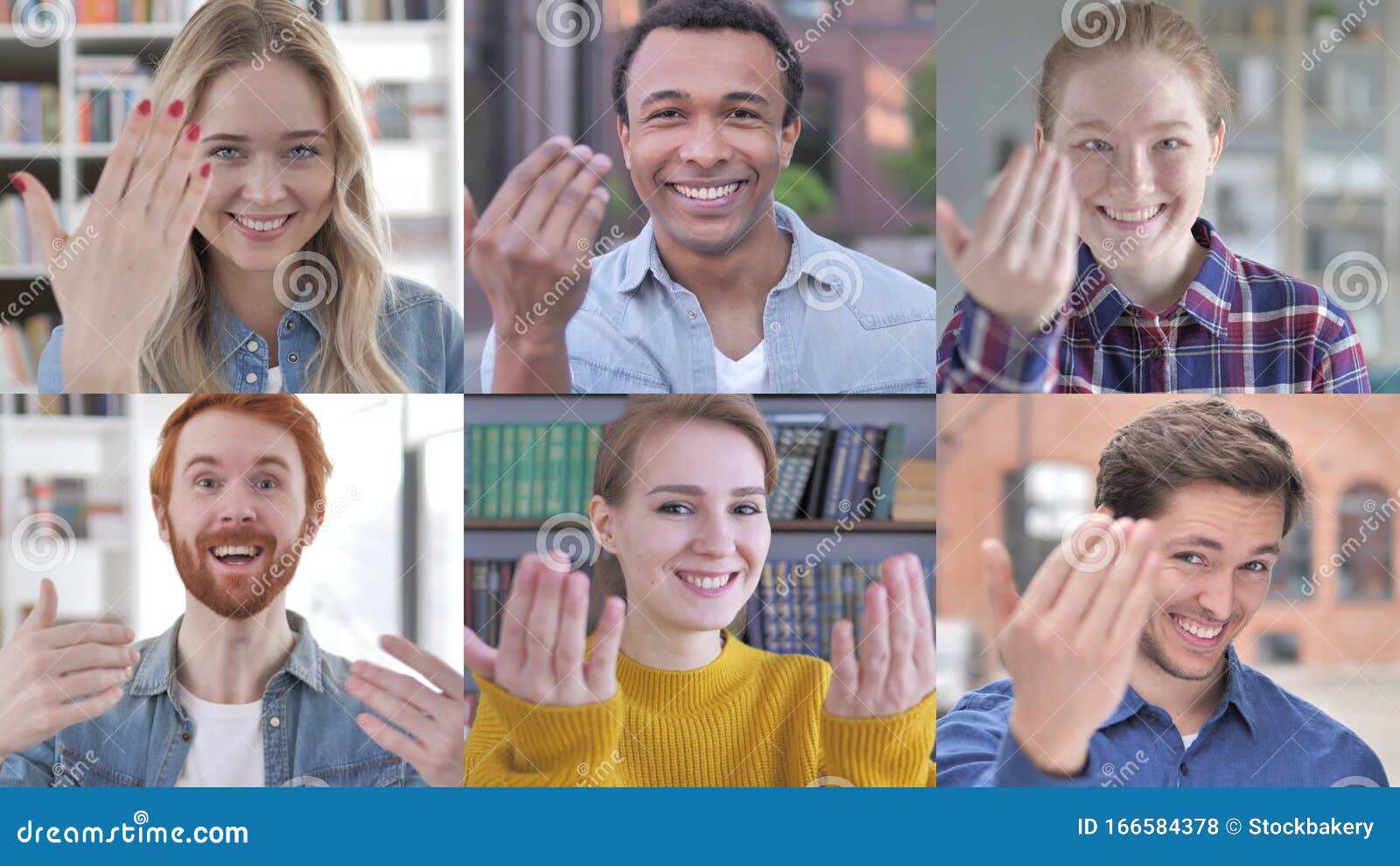 The Collage of Young People Inviting by Hand Gesture Stock Photo ...