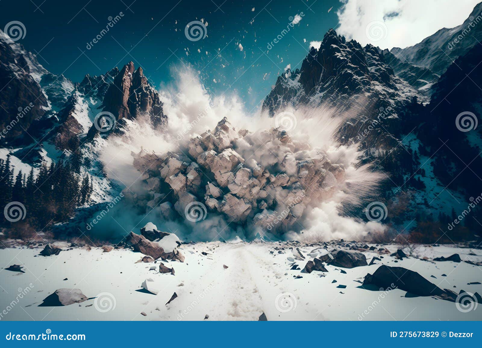 The Collapse of the Snow Avalanche in the Mountains, a Powerful Cloud ...