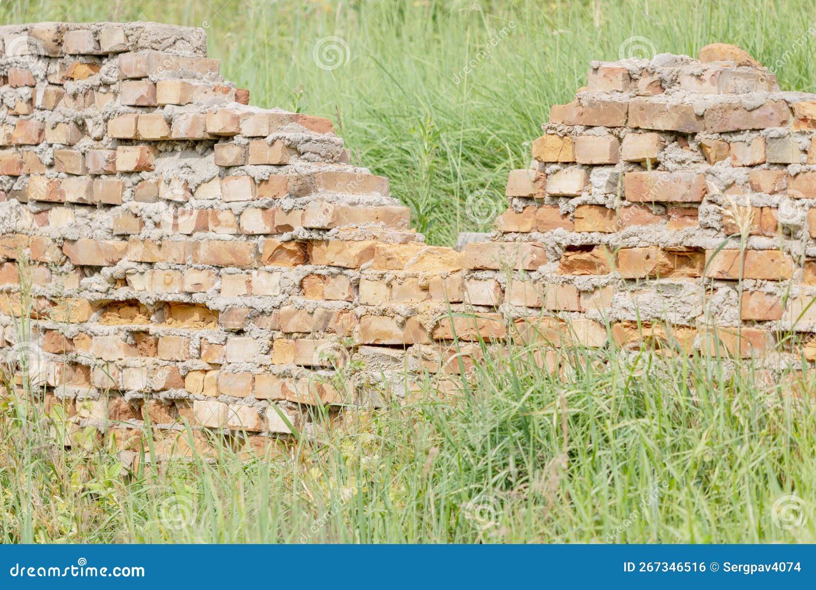Collapsed Brick Wall among Green Grass Stock Photo - Image of ...