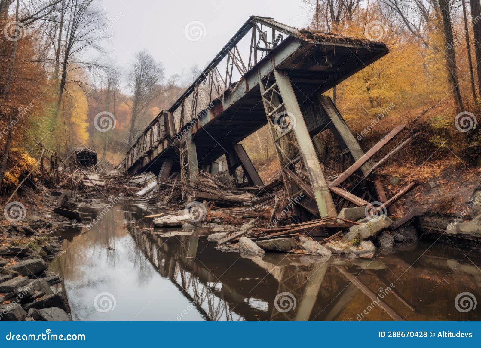 Collapsed Bridge with Broken Support Beams Stock Photo - Image of ...
