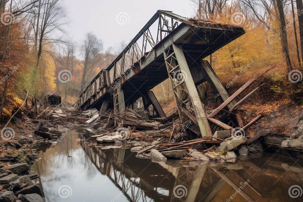 Collapsed Bridge with Broken Support Beams Stock Photo - Image of ...