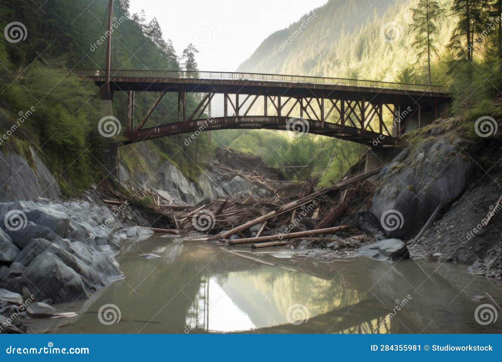 Collapsed Bridge Caused by Mountain Mudslide Stock Illustration ...