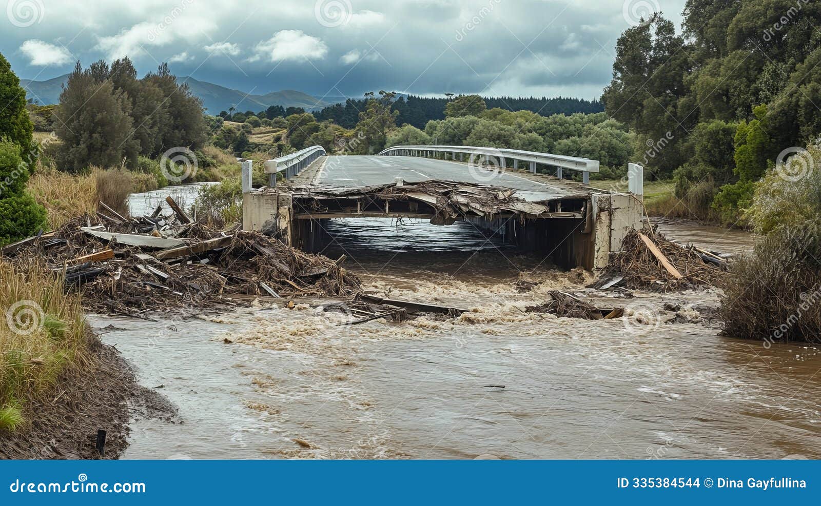 Collapsed Bridge Over a Raging River after a Flood, Showing Severe ...