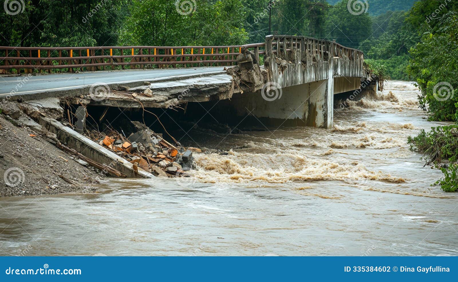 Collapsed Bridge Over a Raging River after a Flood, Showing Severe ...