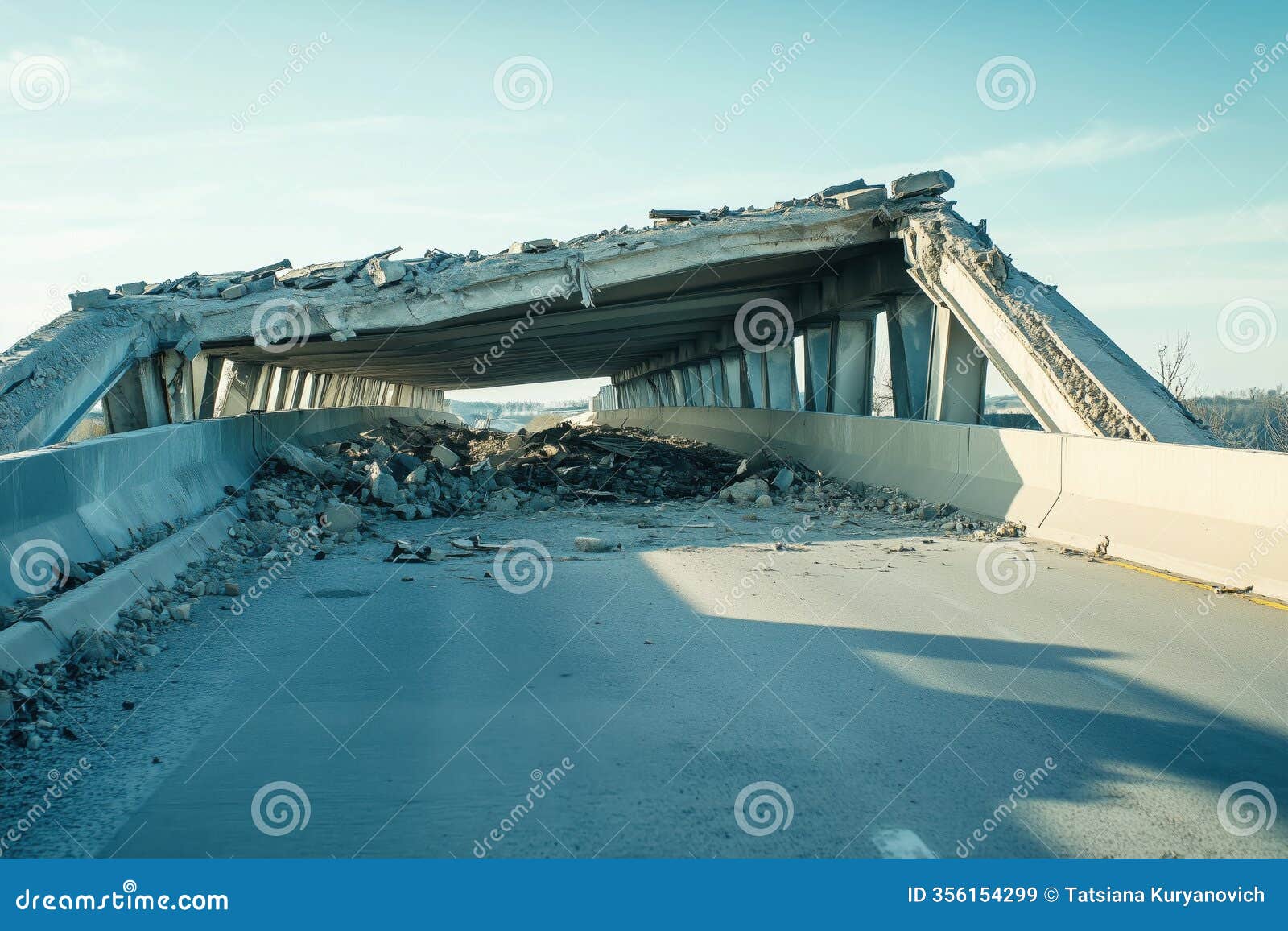 Collapsed Bridge Structure, Debris Scattered, Clear Sky Stock Image ...