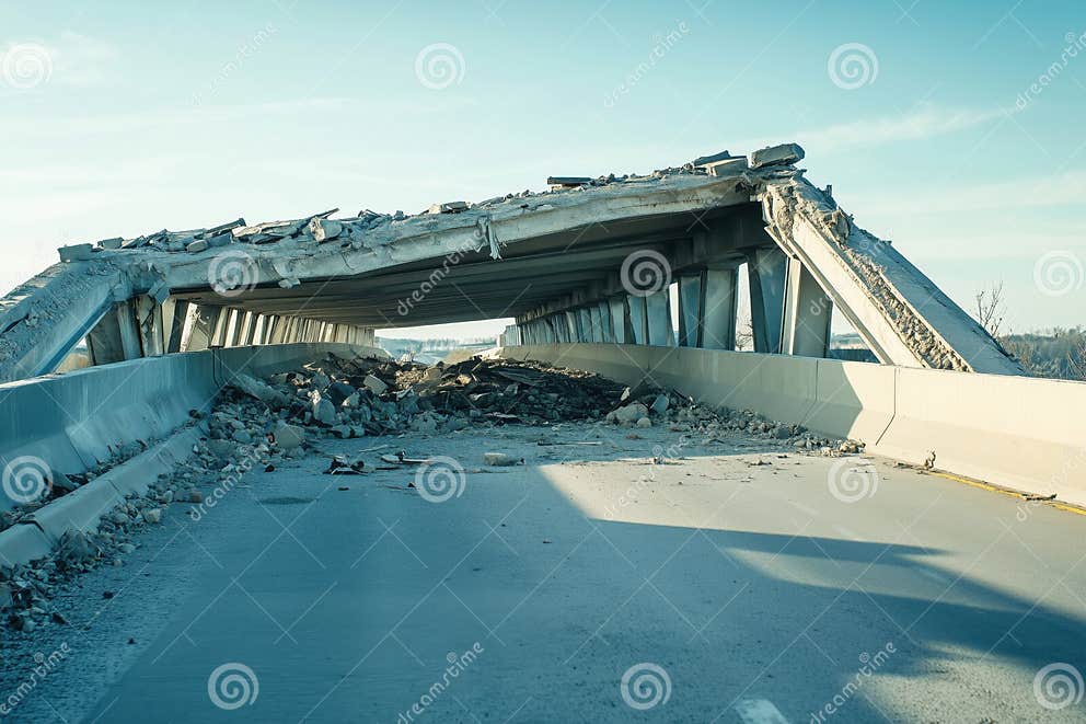Collapsed Bridge Structure, Debris Scattered, Clear Sky Stock Image ...