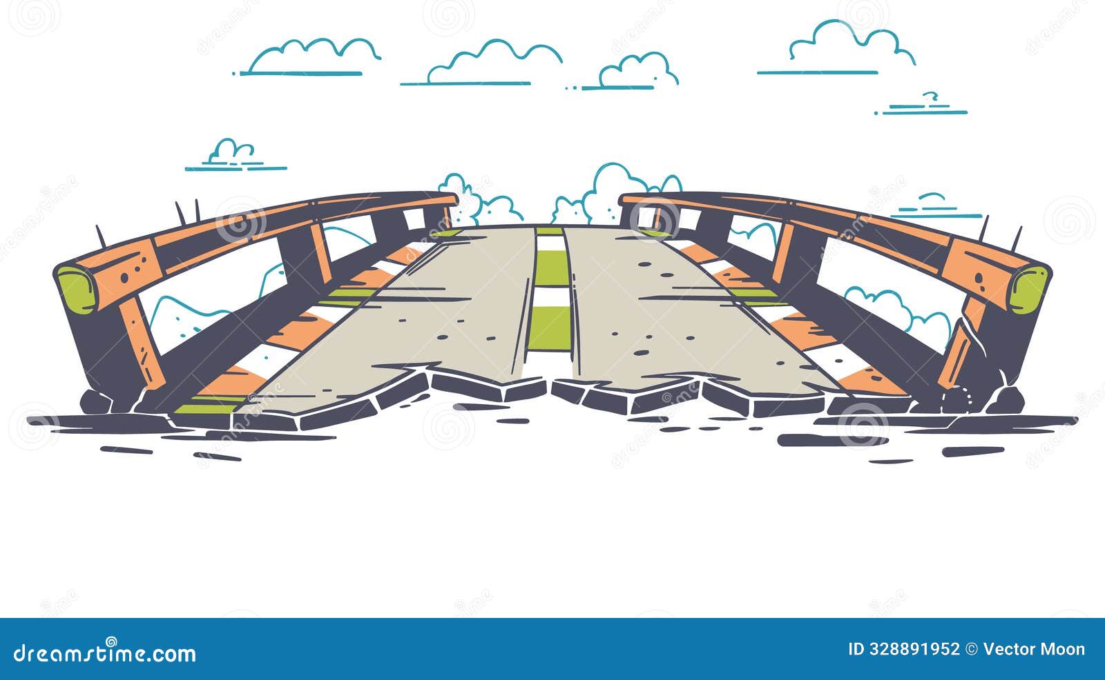 Collapsed Cartoon Bridge Vector Illustration, Disaster Concept Artwork ...