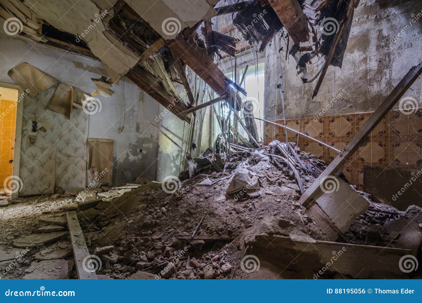 Collapsed ceiling in house stock photo. Image of fascination - 88195056